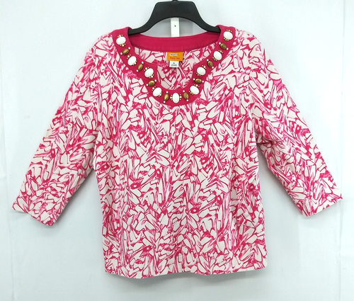 Ruby Rd Shirt Women Size XL Pink Floral Petals Beaded Neck Line 3/4 ...