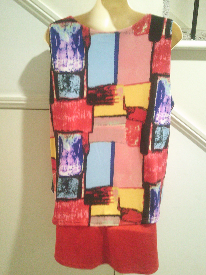 ELEGANT LABEL NWOT SIZE L 16 Red Multi Coloured Overlay Lined DRESSY ...