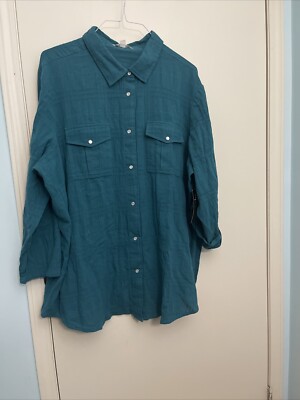 Women Whithin Button Down Gauze Shirt Teal Plus Size 1X 22/24 Roll Tab ...