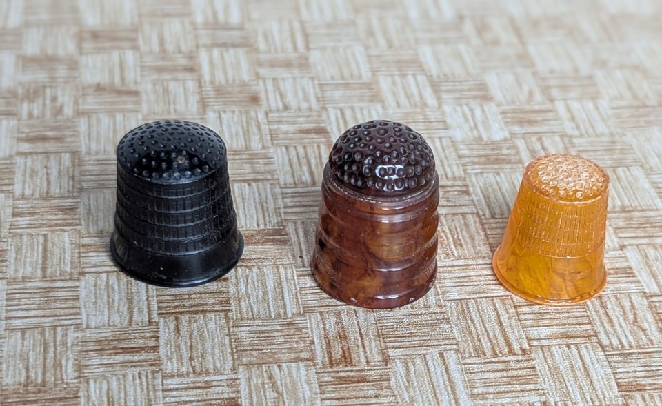 3x Thimbles inc Russian Amber Early Plastic Lucite Orange Black ...
