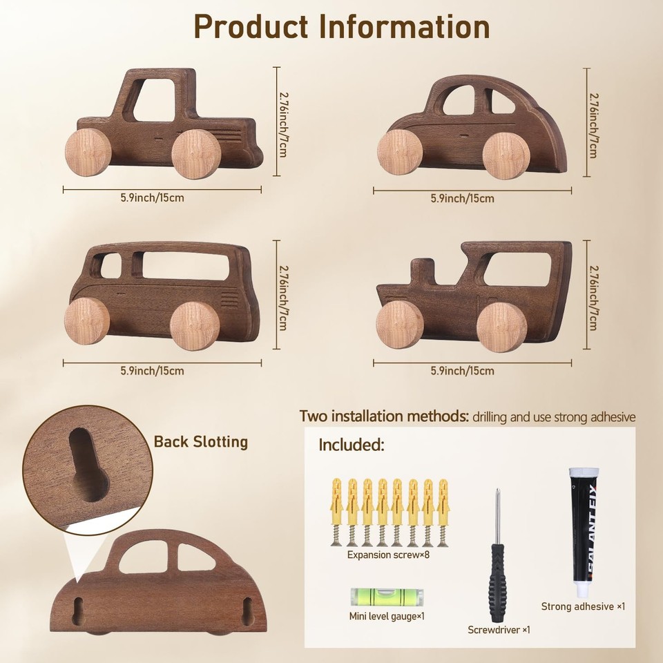 Walnut Car Coat Hooks - Handcrafted Wall Mount Hat Hanger Home Decor ...