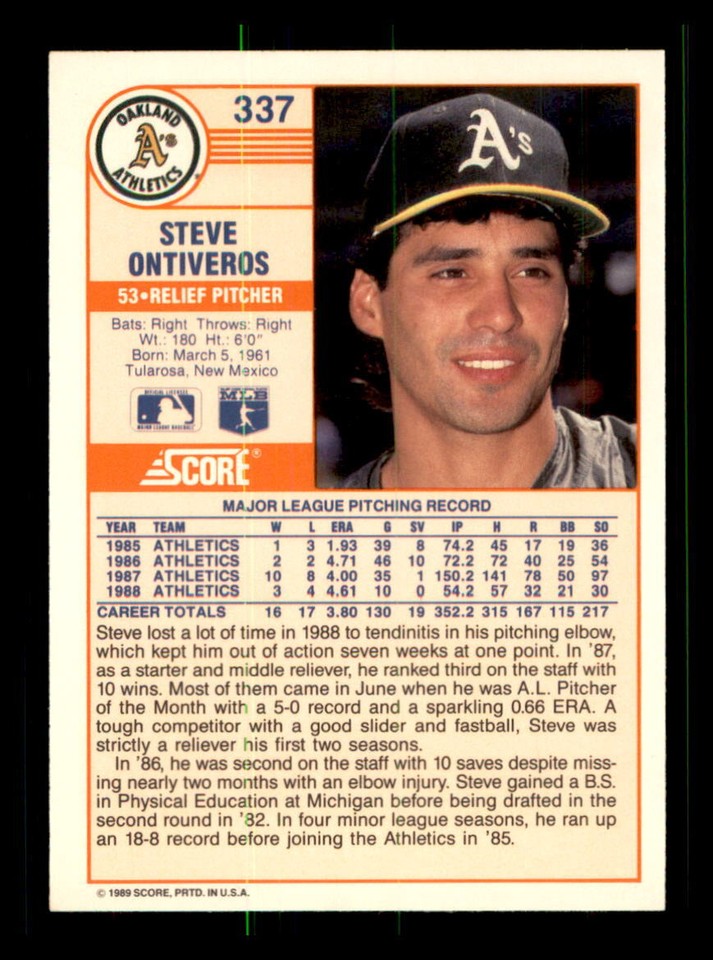 1989 Baseball 1989 Score Steve Ontiveros Oakland Athletics #337 1 | eBay