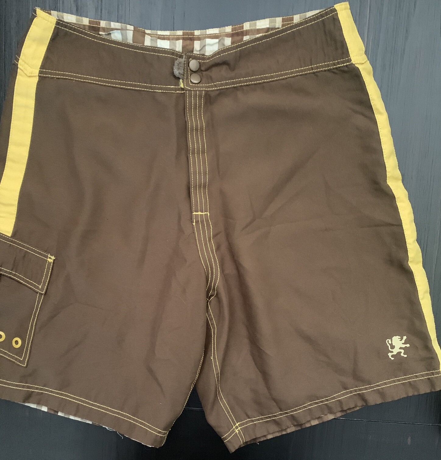 Express Swim Men's Brown Swim Shorts Size 34 Brown Yellow Striped With ...