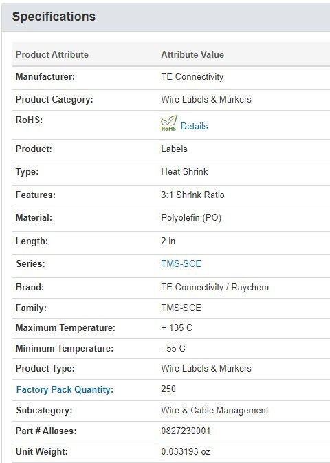 TMS-SCE-3/4-2.0-2 Wire Cable Marker heat shrink TE Raychem Mil Spec 2 ...