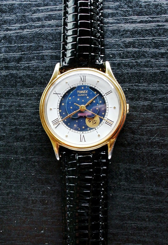 VINTAGE TIMEX M CELL ELEGANT MOON PHASE DIAL QUARTZ MEN'S GOLDEN BLK ...