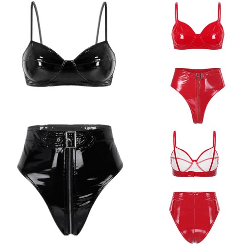 Womens Wet Look PVC Leather Lingerie Set Bra Top with High Waist Briefs ...