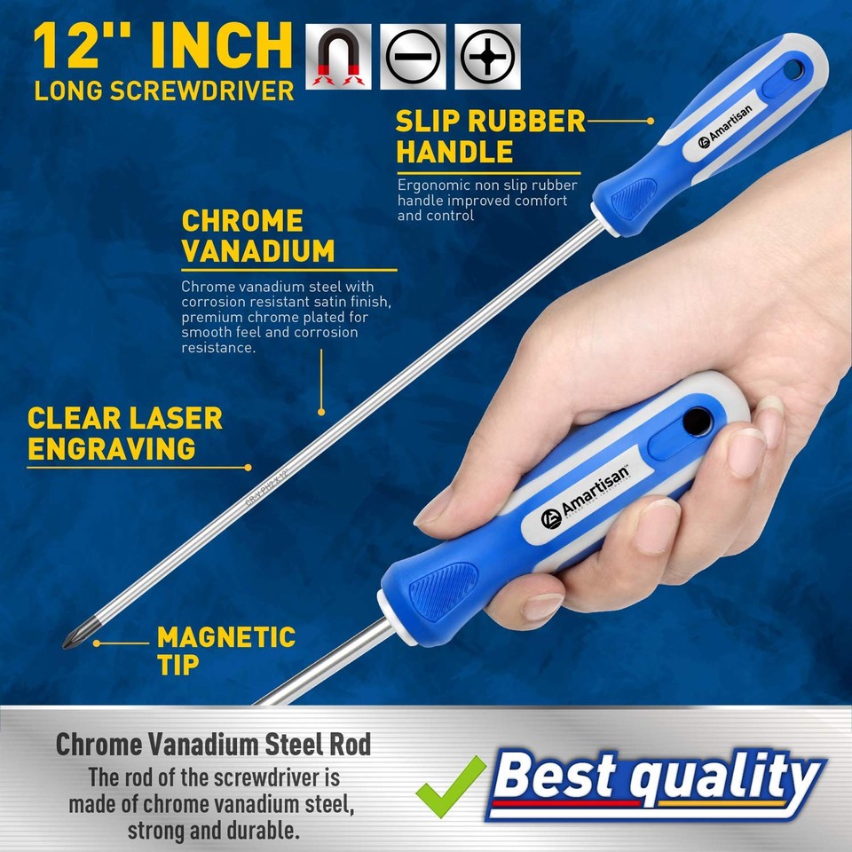 2-Piece 12'' long Screwdriver Set, Long Blade Screwdriver Set 12-Inch ...
