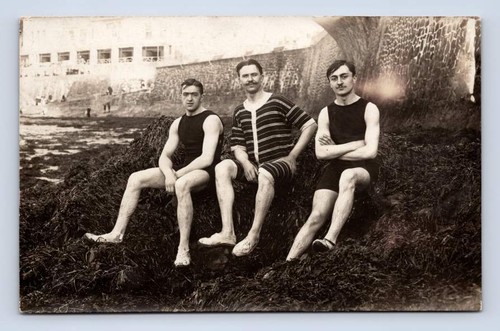 Handsome French Men in Bathing Suits on Seaweed RPPC Antique Real Photo ...