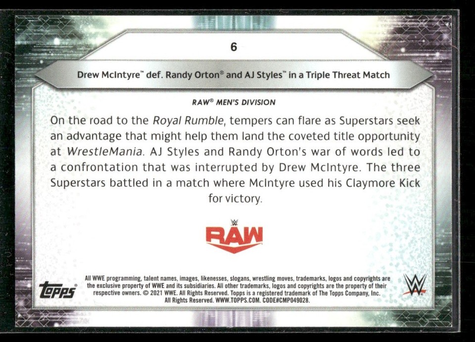 2021 Topps WWE #6 Drew McIntyre Def. Randy Orton & AJ Styles Light ...