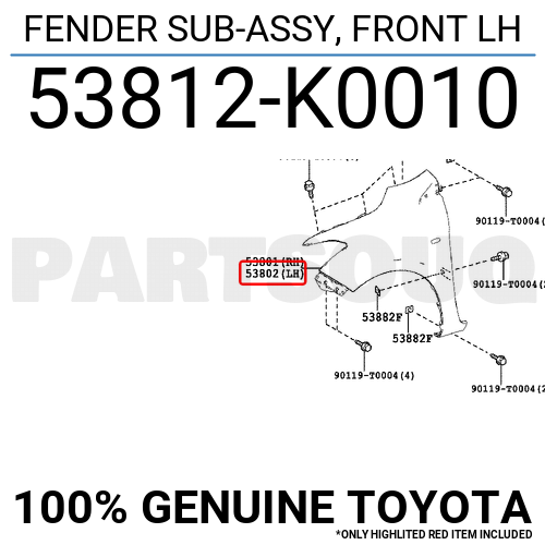 53812K0010 Genuine Toyota FENDER SUB-ASSY, FRONT LH 53812-K0010 | eBay