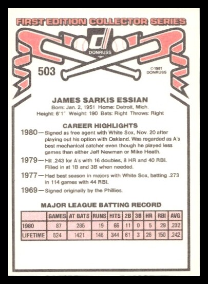 1981 Donruss #503 Jim Essian Chicago White Sox Baseball card | eBay