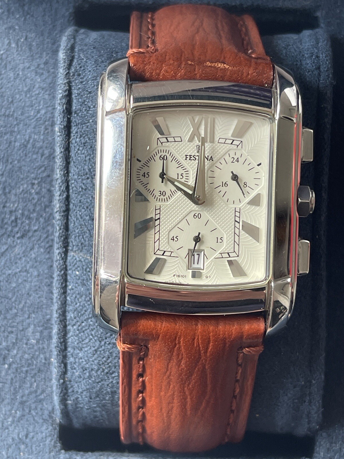 Mens Festina Rectangle Silver Tone Cognac Dial Chronograph Watch 16101 ...