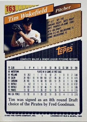 1993 Topps Baseball Tim Wakefield No. 163 | eBay