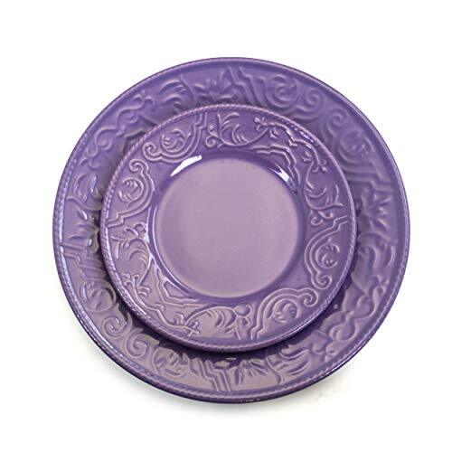 Embossed Stoneware Elegant Round Dinnerware Dish Set 16 Piece Lilac ...