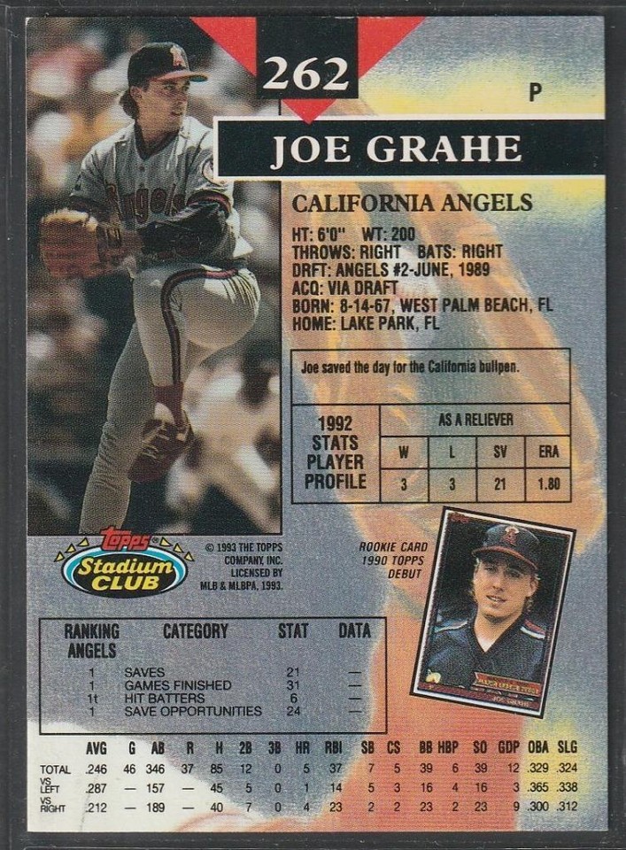 222, Original Autograph, Joe Grahe; 1993 Stadium Club 1st Day ...