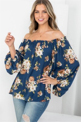 Navy Blue Floral Cold Shoulder Top Size Large Puff Sleeve Off Shoulder ...