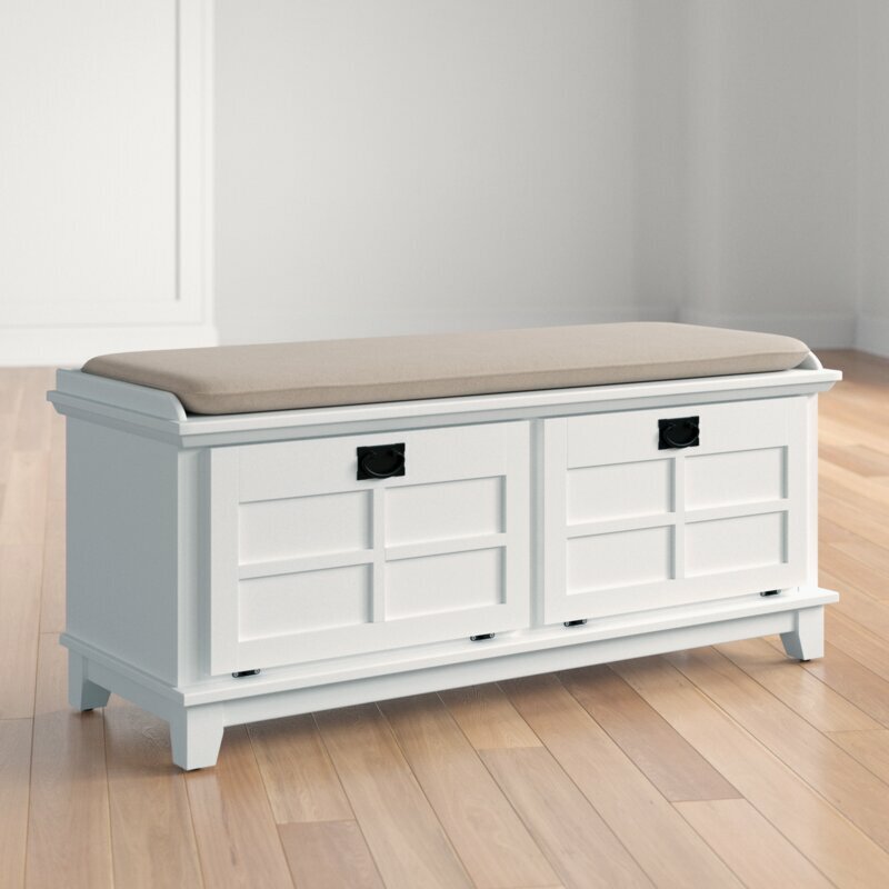 White Wooden Storage Bench w/ Cushion Entryway Bedroom Hallway ...