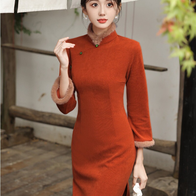 Women Chinese Cheongsam Dress Side Slit Faux Fur Trim Thick Long Sleeve ...