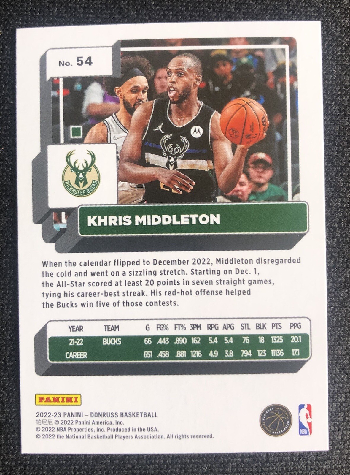 2022-23 Panini Donruss Khris Middleton #54 Milwaukee Bucks Basketball ...