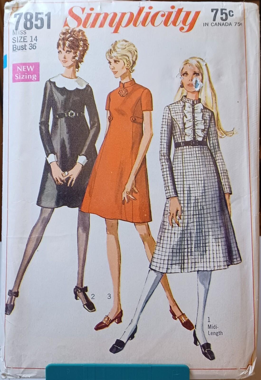 7851 Simplicity SEWING Pattern UNCUT misses 14 ©1968 hi-waist dress ...
