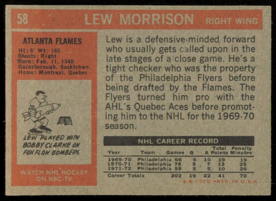 1972-73 TOPPS LEW MORRISON ATLANTA FLAMES #58 EXMT-NM | eBay