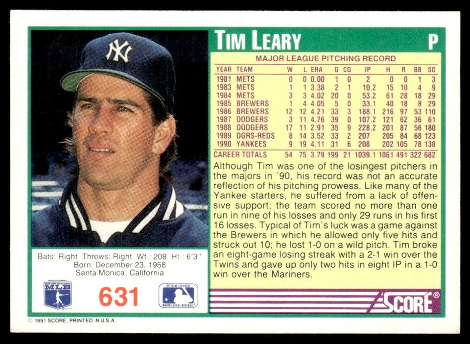 1991 Score Tim Leary New York Yankees #631 | eBay