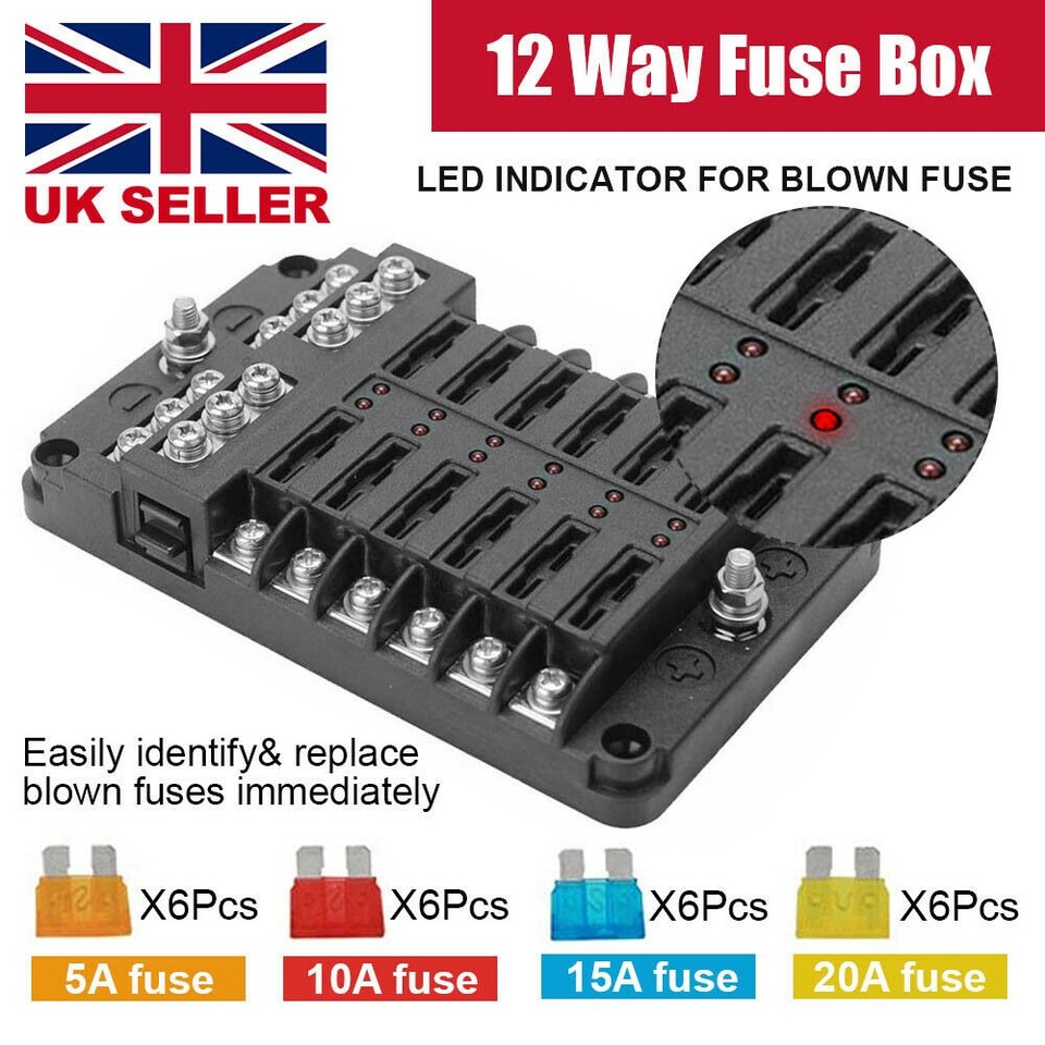 12-Way Blade Fuse Box Block Holder 12V-32V LED Indicator Auto Marine ...