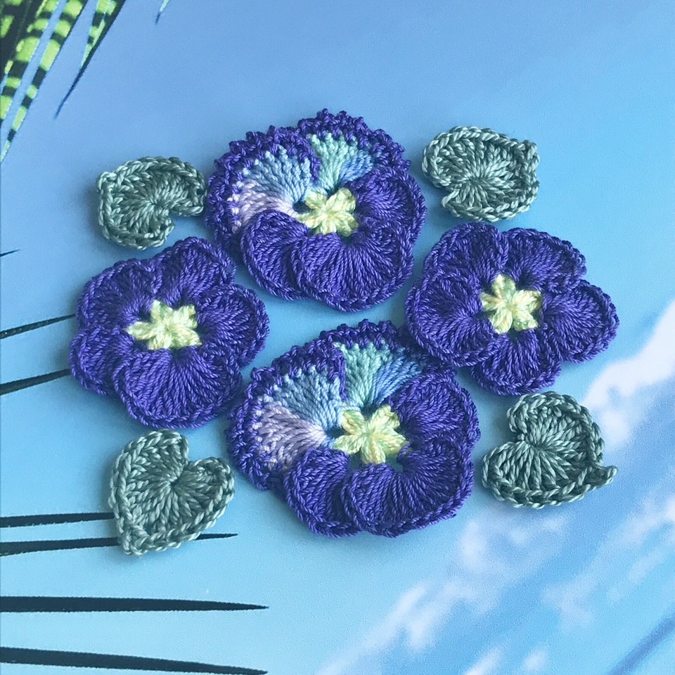Lavender Purple Violet crochet Pansy Pansies flowers leaves set ...