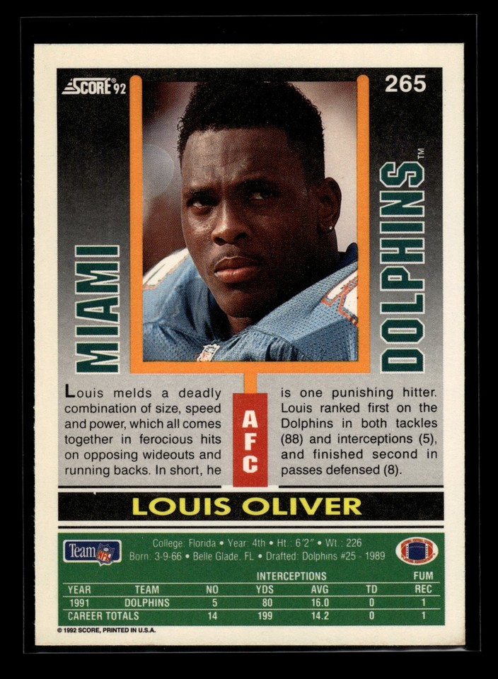 1992 Score #265 Louis Oliver (EX)(FTB) | eBay
