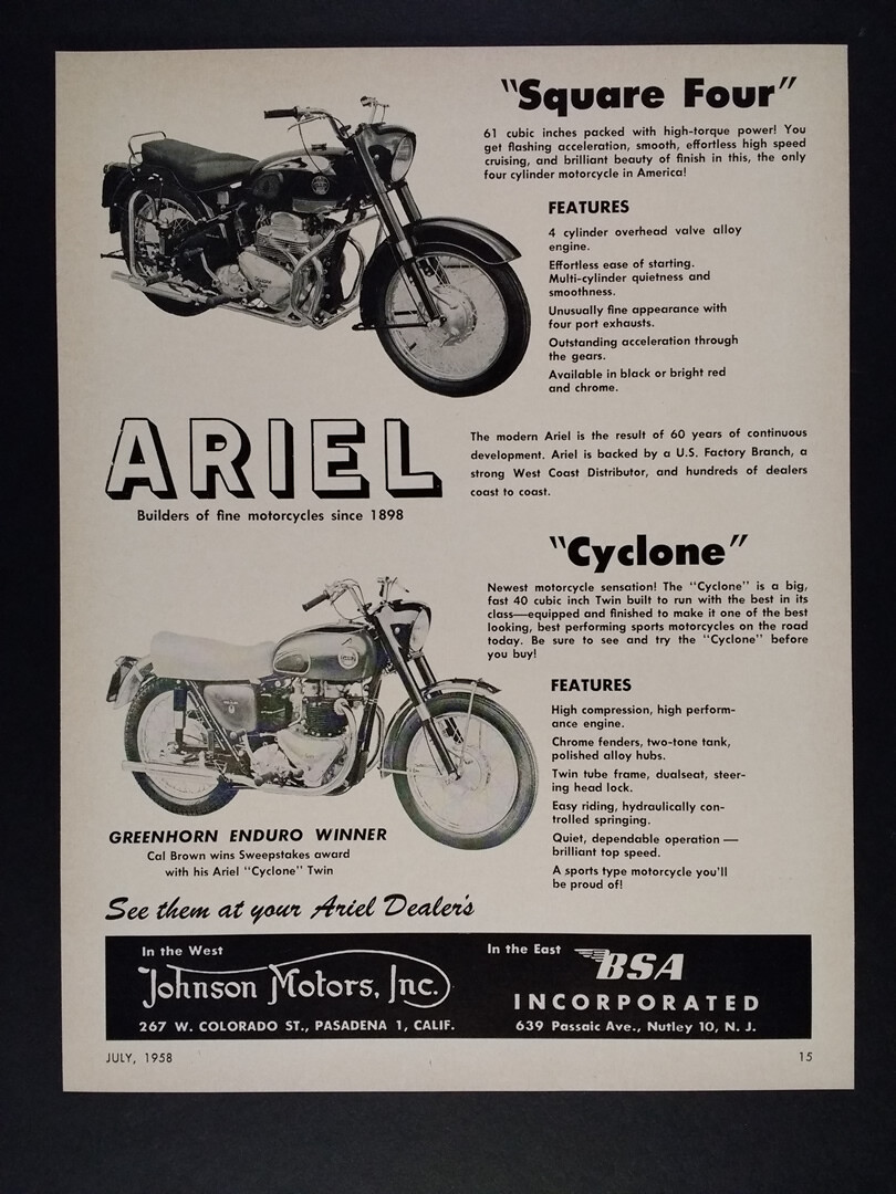 1958 Ariel Square Four & Cyclone Motorcycles vintage print Ad | eBay