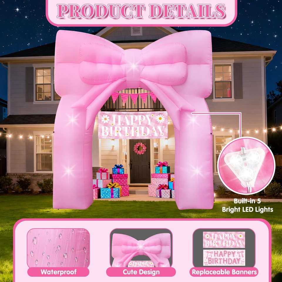 9FT Pink Bow Inflatable Arch Outdoor Decorations Giant Blow-up Pink Bow ...