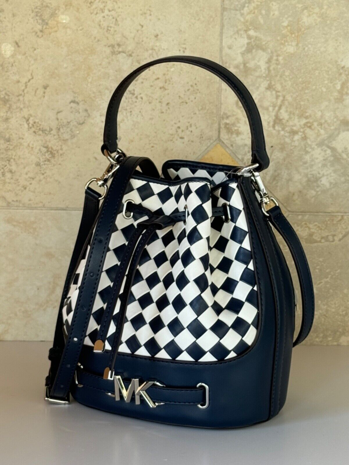 MICHAEL KORS REED MD BELTED TH BUCKET SHOULDER MESSENGER BAG WOVEN NAVY ...