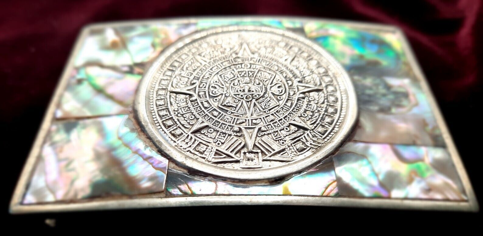 Vintage MAYAN CALENDER Abalone Shell Inlay Belt Buckle Mexican ...