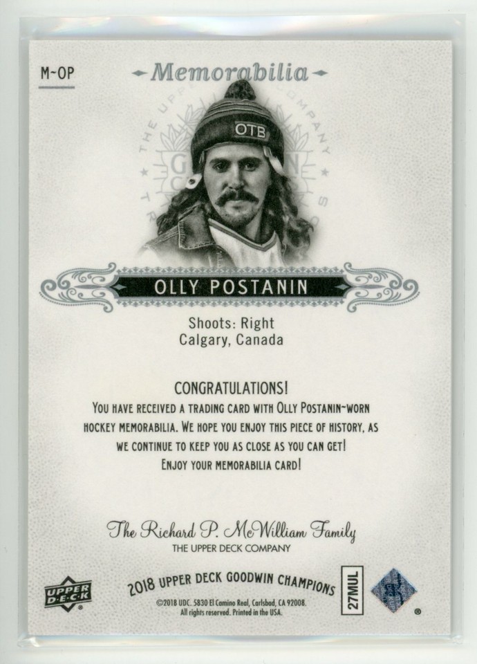 2018 OLLY POSTANIN JERSEY UPPER DECK GOODWIN CHAMPIONS MEMORABILIA ...