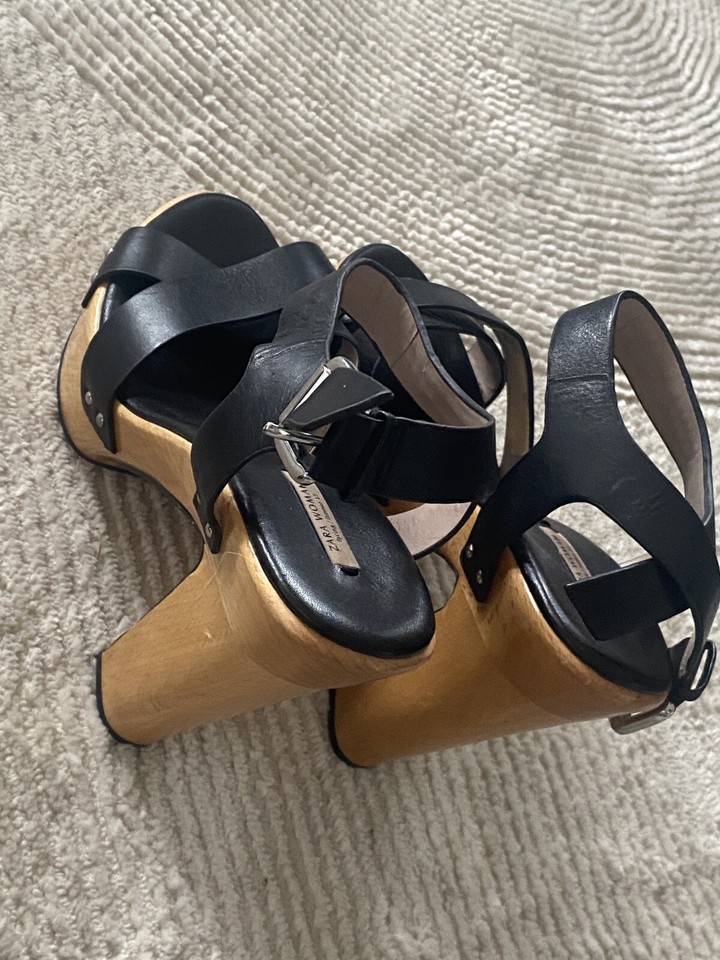 Zara Woman Wooden High Heels Platform Sandals Black Leather Stripes ...