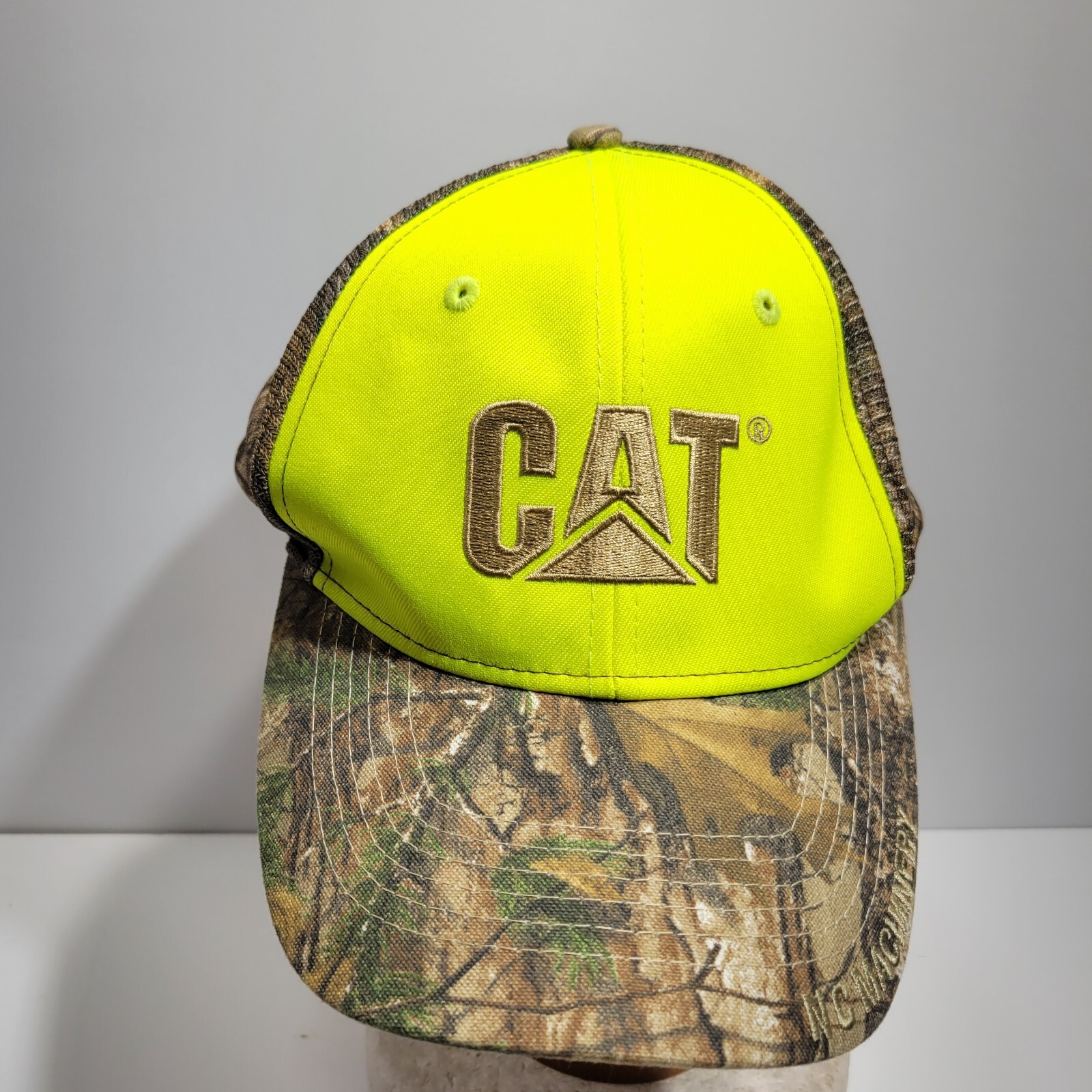 CAT Caterpillar Trucker Hat Mens Yellow Brown Camo Print Polyester Mesh ...