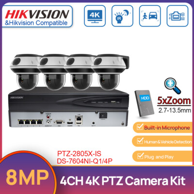 HIK 4CH 4K CCTV System 8MP 5XZoom IR 4K PTZ MIC Dome Camera Lot 2.7-13 ...