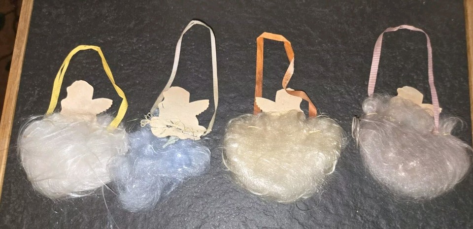4 Vintage Christmas Spun Glass Angel Hair Die Cut Paper Angel Ornaments ...