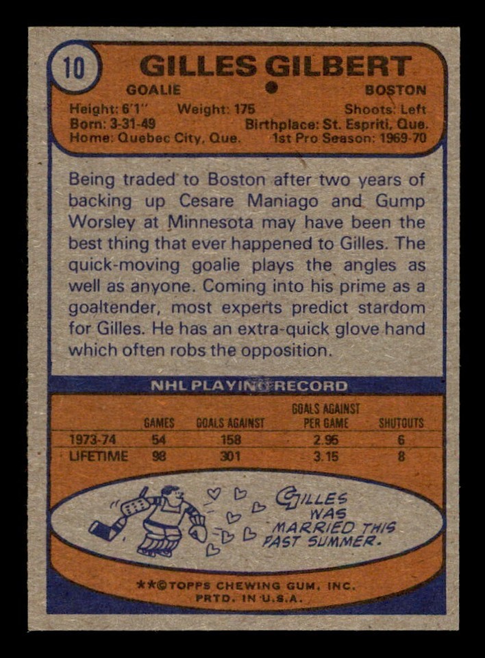 1974 Topps Hockey #10 Gilles Gilbert VG/EX *d2 | eBay