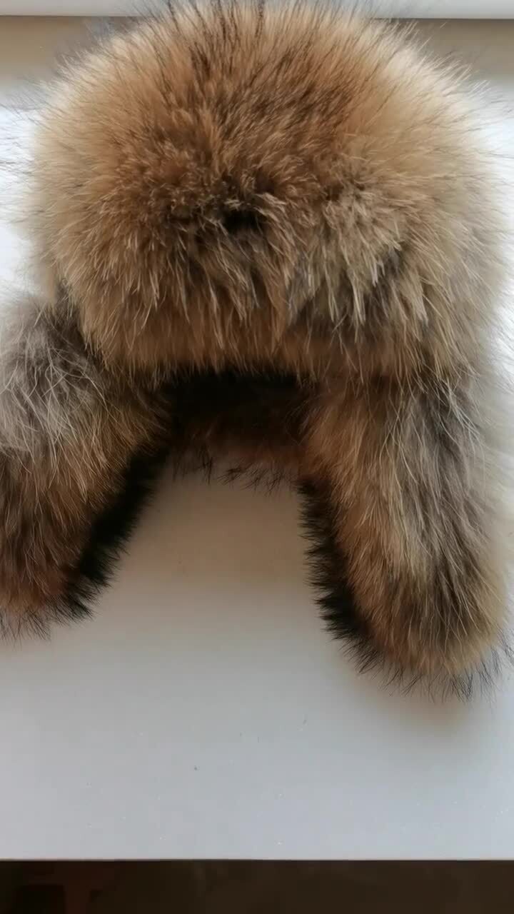 Men Real Raccoon Fur Trapper Hat Sheepskin Earmuffs Cap Headwear ...