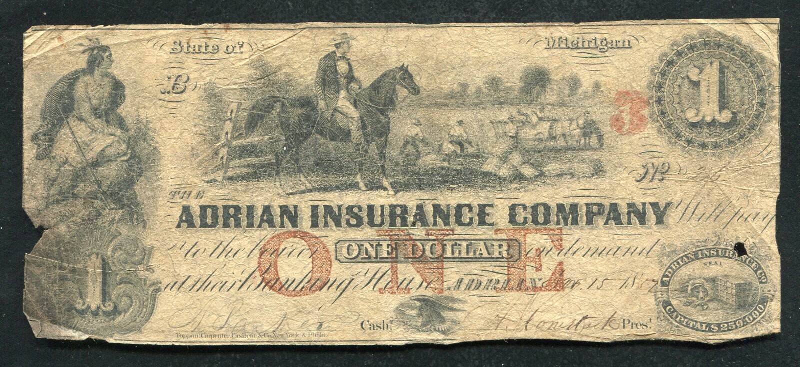 1852 $1 THE ADRIAN INSURANCE COMPANY ADRIAN, MI OBSOLETE BANKNOTE | eBay