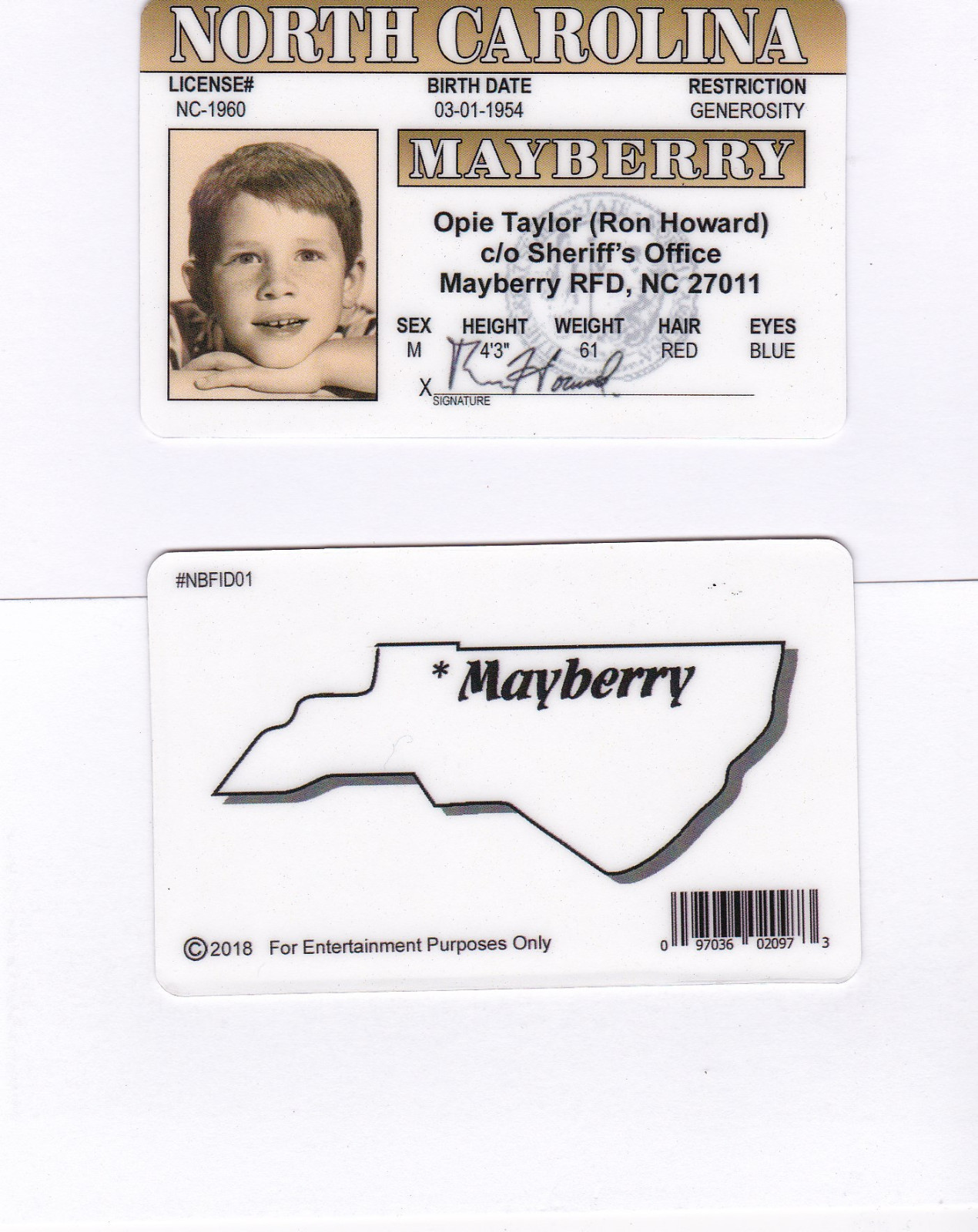 Opie Taylor / RON HOWARD of the Andy Griffith show fake id card ...