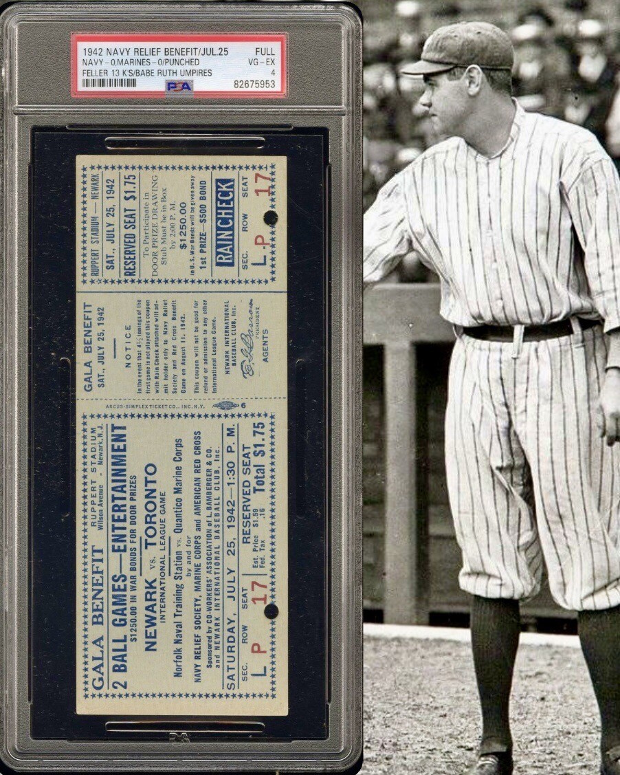 1942 BABE RUTH UMPIRES GAME FULL TICKET BOB FELLER 13K’s NAVY RELIEF ...