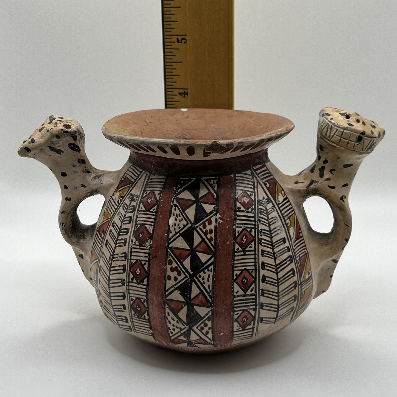 🐆VINTAGE Mid Century Peruvian Clay Pot w/ Jaguar Handles Incan Hand ...