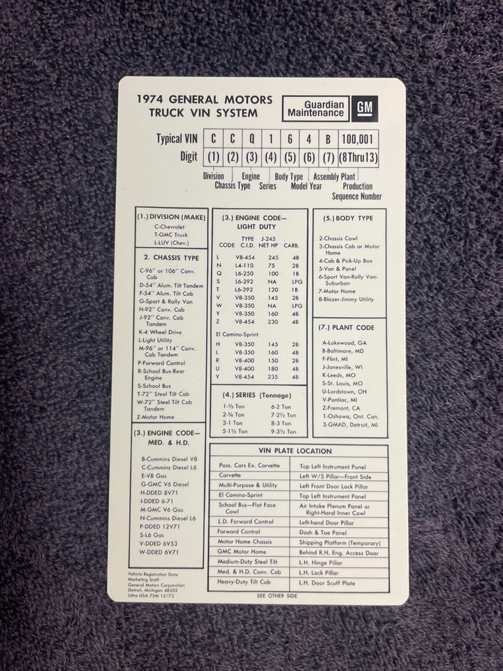 1974 VIN CHART GENERAL MOTORS gm CAR TRUCK key decoder codes vehicle id ...