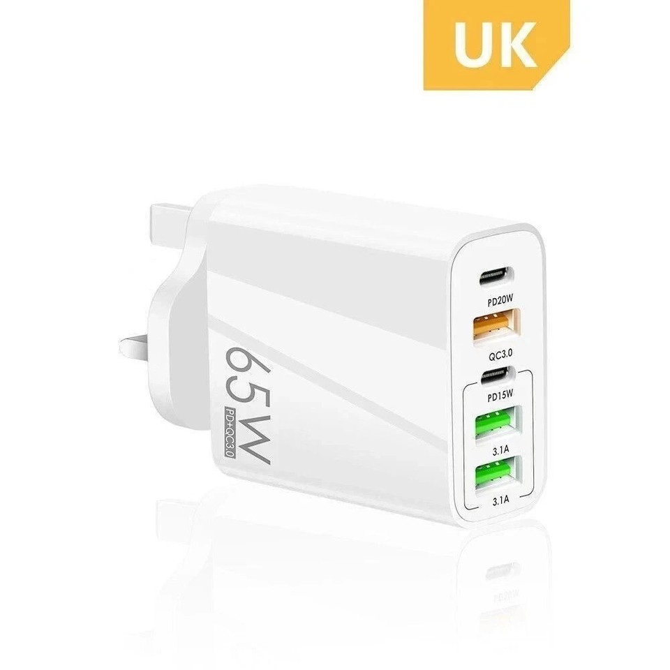 65W Quick Charger UK Plug Fast Wall Charger Power Adapter 5 Port USB-C ...