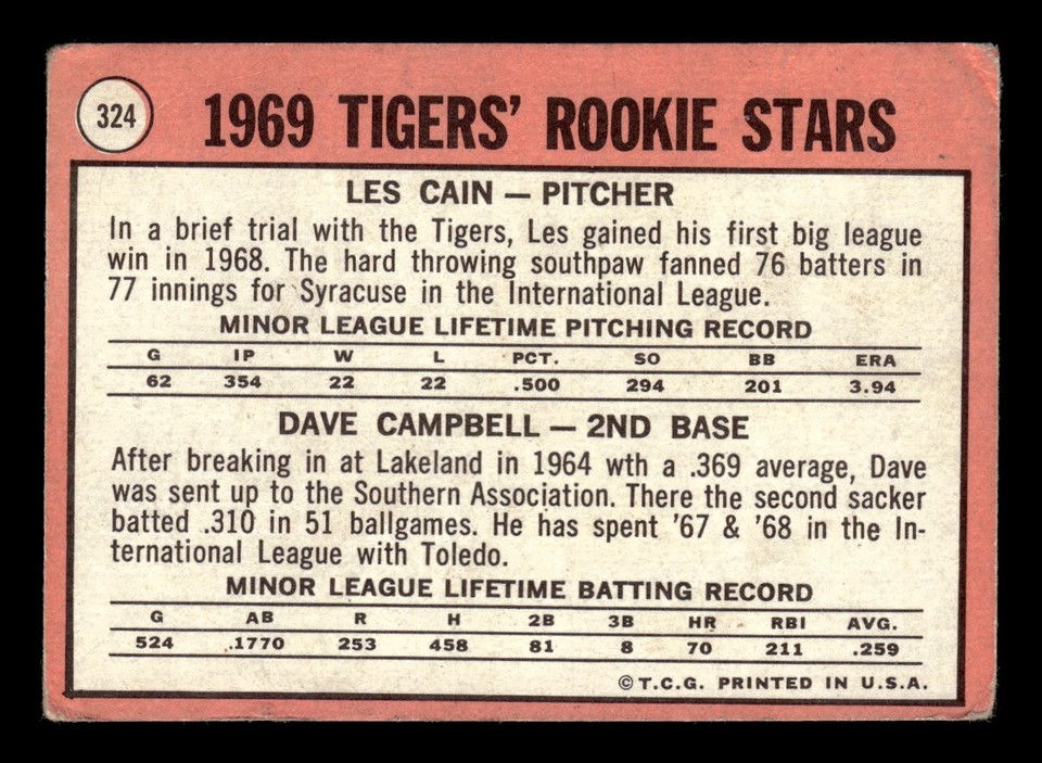Rookie Stars Les Cain Dave Campbell 1969 Topps #324 Detroit Tigers GD ...