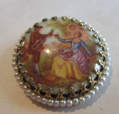 Vintage gold tone courting couple transfer pin with faux pearl trim | eBay