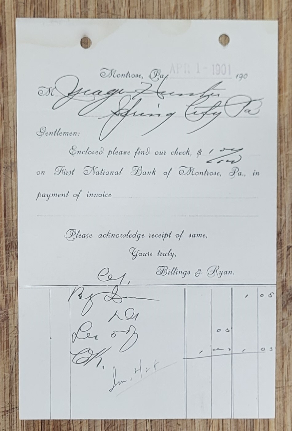 Letterhead 1901 Pennsylvania Montrose First National Bank Billings ...