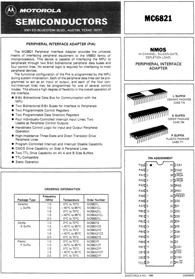CM602P (MC6821P) PERIPHERAL INTERFACE ADAPTER PIA 6821 IC (1 pcs) | eBay